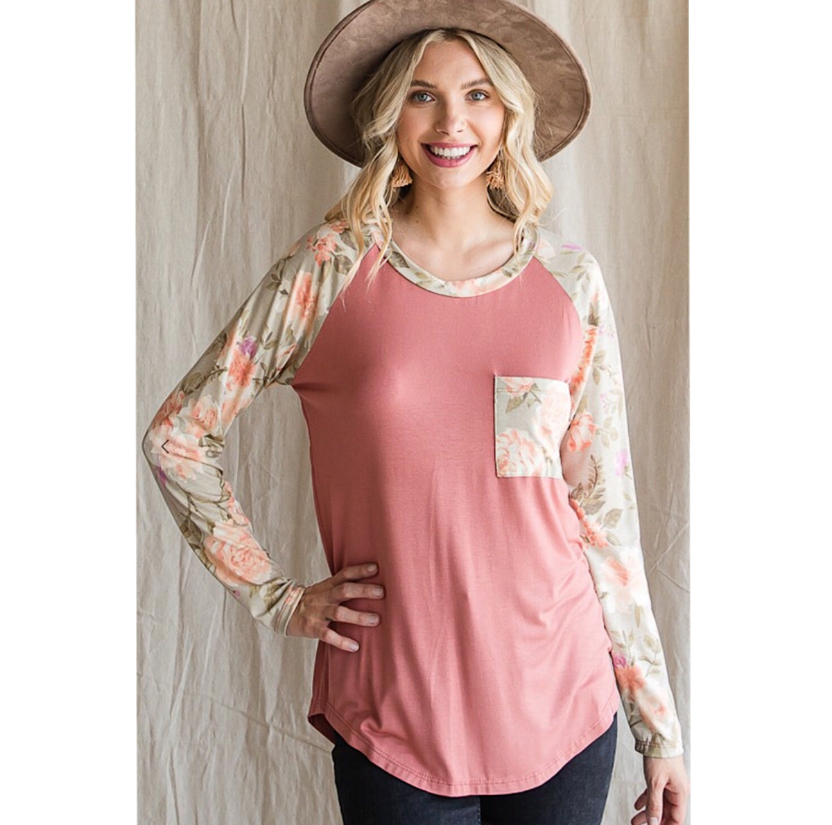Pink with Floral Raglan Sleeves and Pocket Accent Top – MeAndMommysCloset